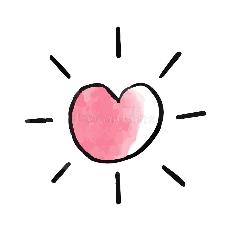 Vector Cute Pink Hand Drawn Watercolor Heart with Sun Rays. Stock ...