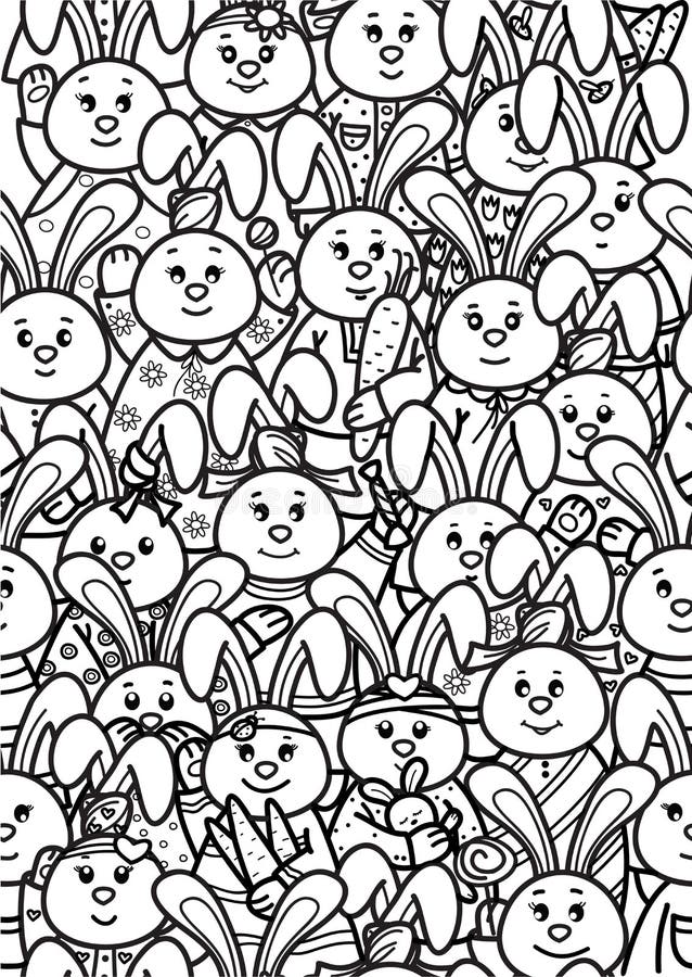 Vector Cute Rabbits Cartoons, Coloring Page. Seamless Pattern of ...