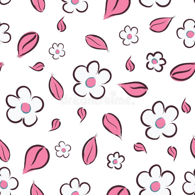 Vector Cute Seamless Floral Pattern with Pink Flowers and Leaves on ...