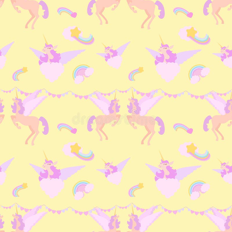 Vector Cute Seamless Pattern with Unicorns, Rainbows, Stars and Clouds. Seamless Pattern in ...
