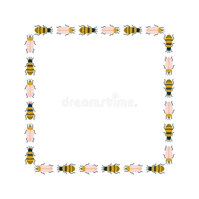 Vector Cute Square Wreath with Bugs and Bees in Art Deco Style Stock ...