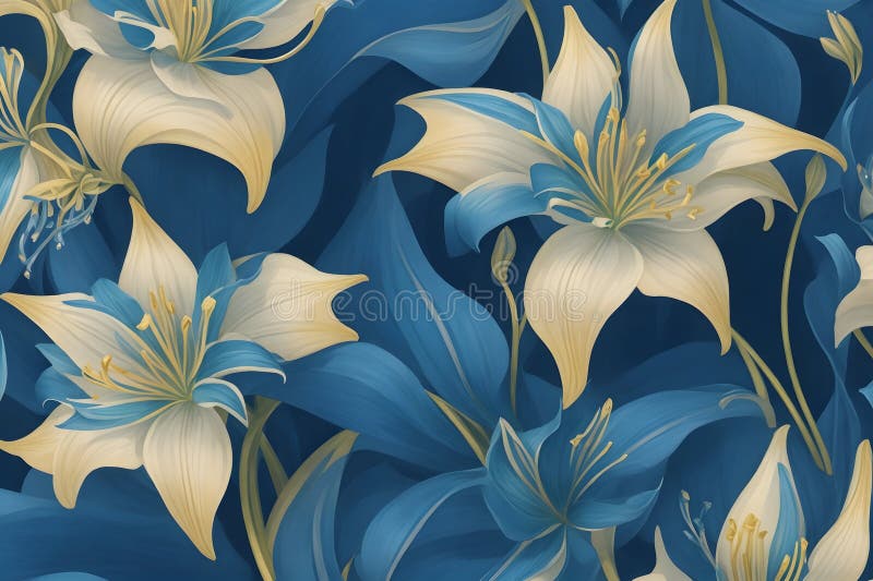 Seamless Patern of Lilies with Blue Branches, with Texture in ...