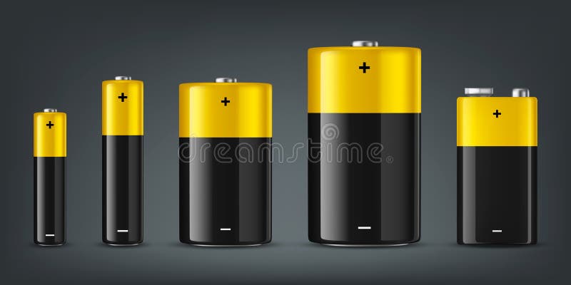 Vector 3d Realistic Black and Yellow Alkaline Battery Icon Set Closeup ...