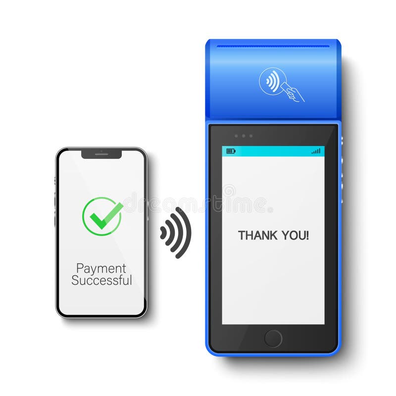 Vector 3D Realistic Blue NFC Payment Terminal and Smartphone Closeup ...