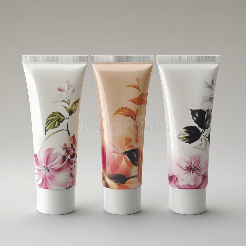 Vector 3d Realistic Cosmetic Tubes with Floral Design Elements. Set of ...