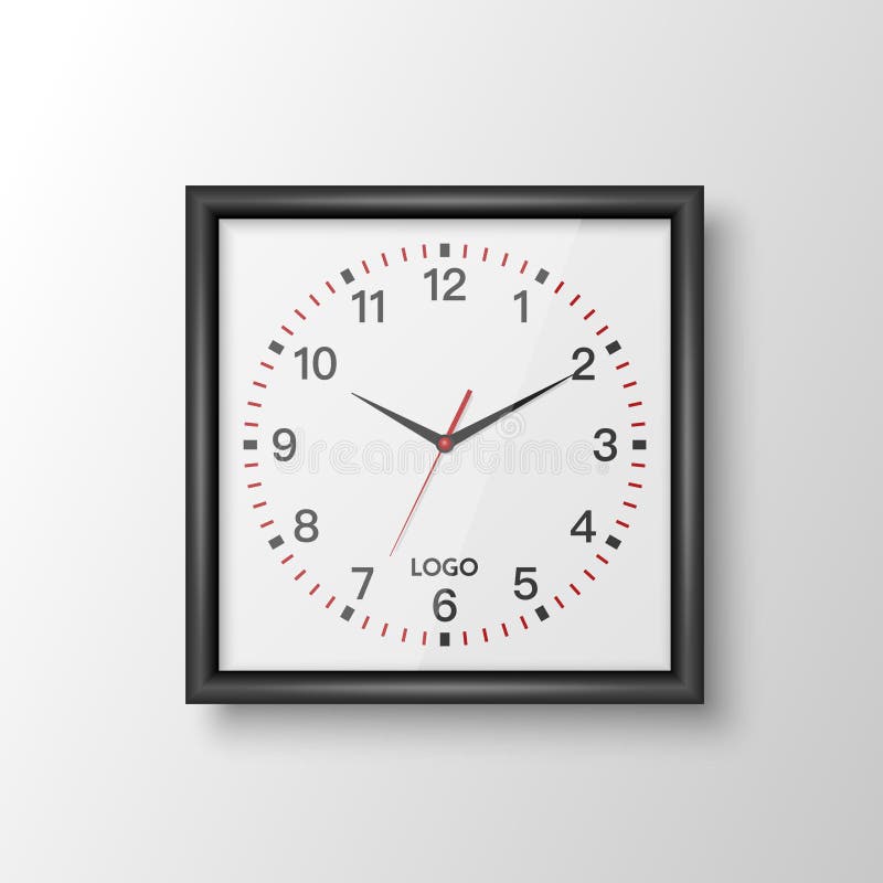 Vector 3d Realistic Square Wall Office Clock with Black Frame, Design ...