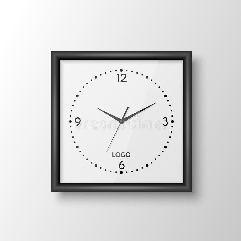 Vector 3d Realistic Square Wall Office Clock with Black Frame, Design ...