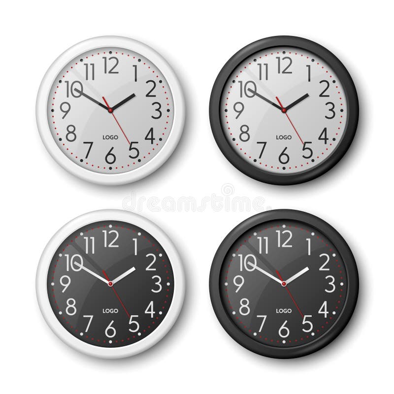 Vector 3d Realistic White, Black, Round Wall Office Clock Icon Set ...