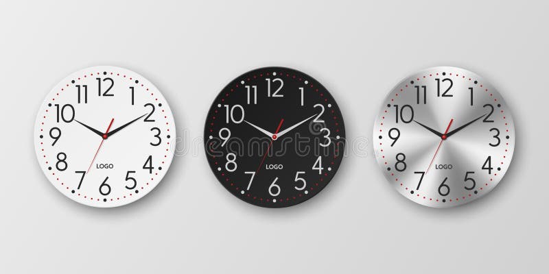 Vector 3d Realistic White, Black, Silver Round Wall Office Clock Icon ...