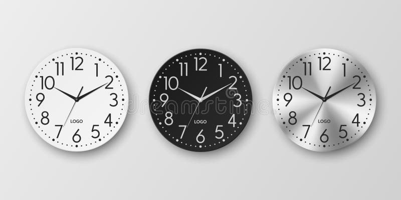 Vector 3d Realistic White, Black, Silver Round Wall Office Clock Icon ...