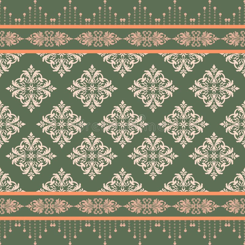 Vector Damask Seamless Pattern with Cream Motifs on Green Background ...