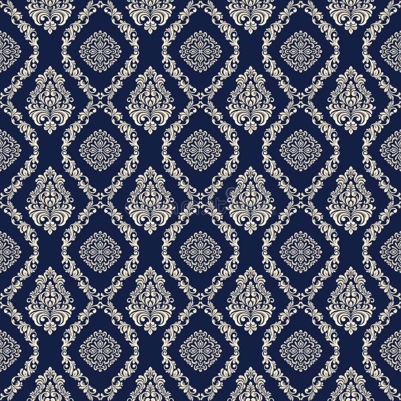 Vector Damask Seamless Pattern. Golden Leaf with Navy Blue Background ...
