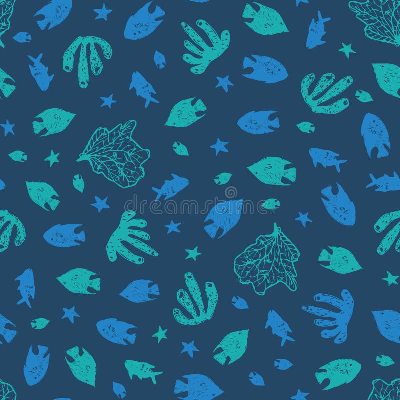 Vector Dark Blue Coral Reef Fish Pen Sketch Repeat Pattern. Perfect for ...