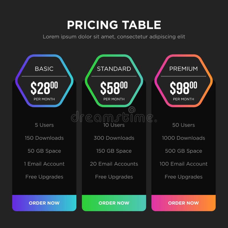 Vector Dark Pricing Boxes, Plans, Tariffs, Tables for Web Design Stock ...