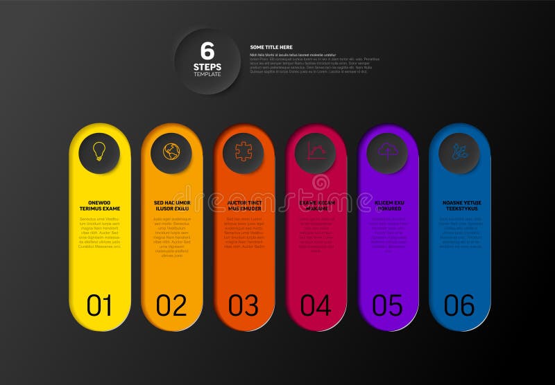 Vector Dark Progress Infographic with Six Color Steps and Icons Stock ...