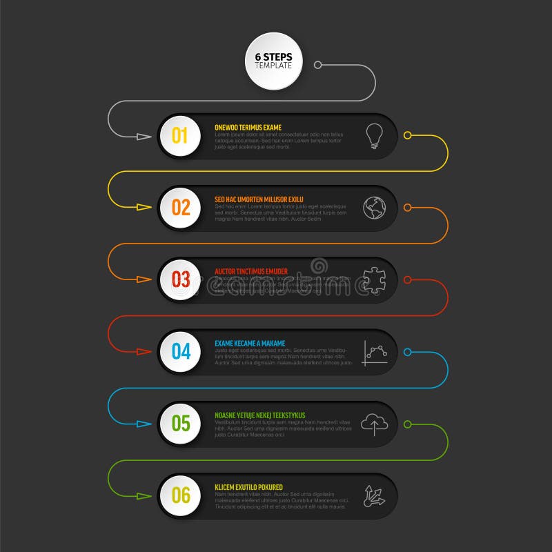Vector Dark Progress Six Steps Template with Color Thin Lines Stock ...