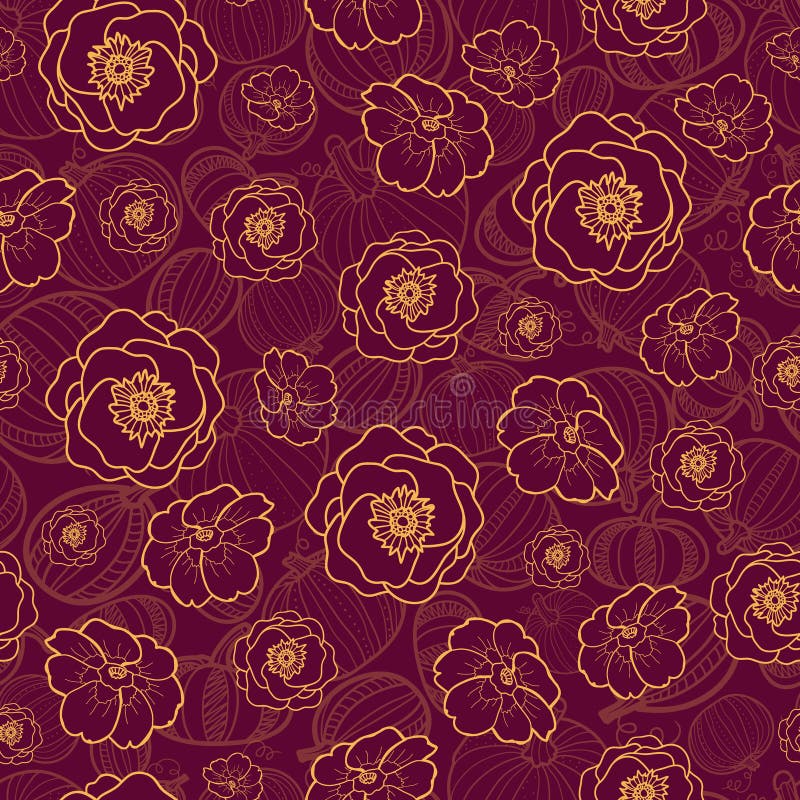 Vector Dark Red Seamless Pattern with Fall Flowers. Background for ...