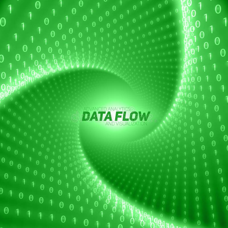Vector Data Flow Visualization Green Flow Of Big Data As Binary Numbers Strings Twisted In
