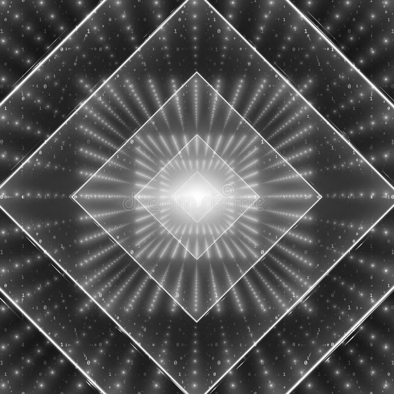 Vector Data Flow Visualization. Square Glowing Tunnel of Grayscale Big Data Flow As Binary ...