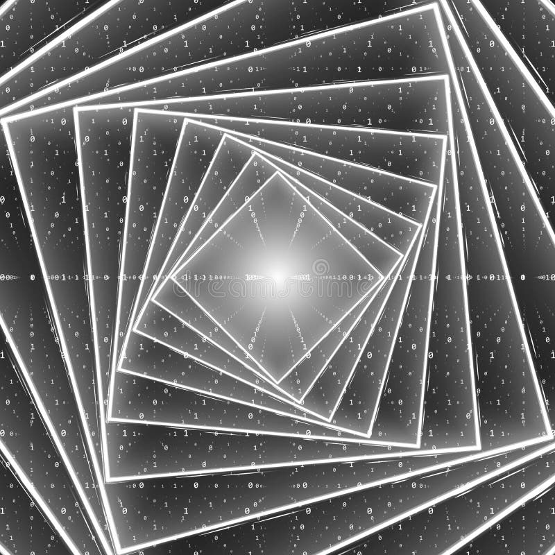 Vector Data Flow Visualization. Square Twisted Glowing Tunnel of Grayscale Big Data Flow As ...