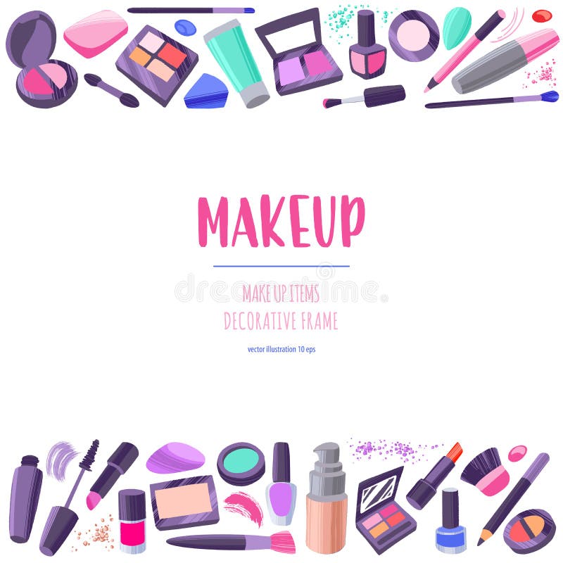 Hand Drawn Cosmetics Set. Professional Makeup Items Decorative Border ...