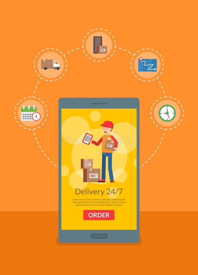 Online Delivery Concept. Vector Delivery Man, Elderly Woman, Parcels ...