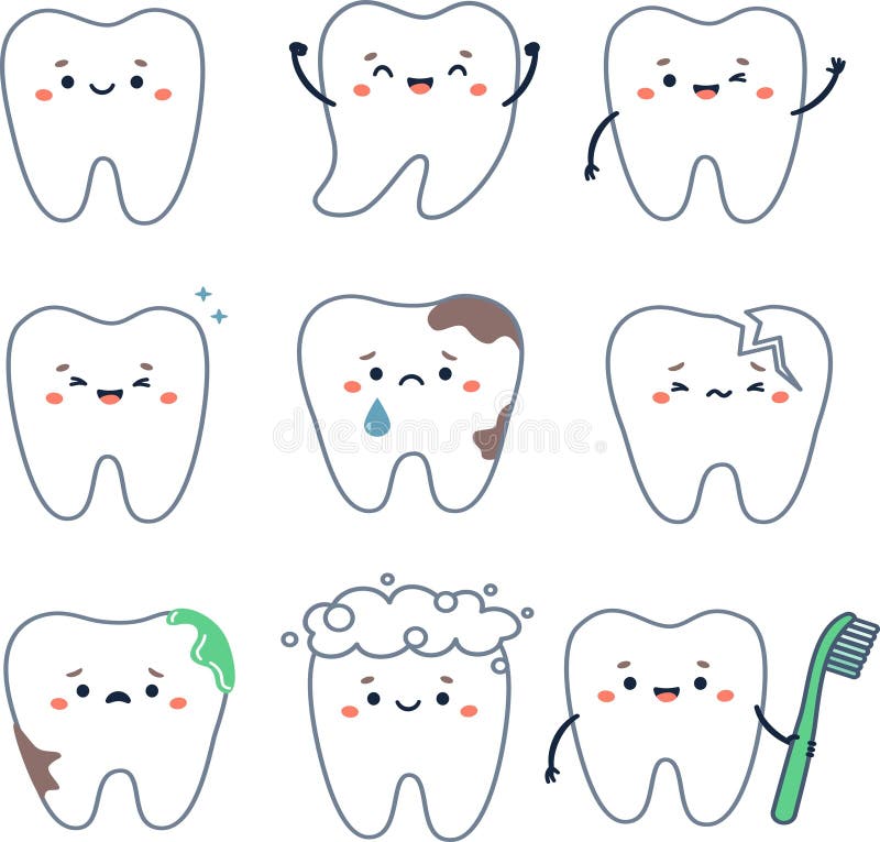 Vector Dental Set. Cute Teeth with Faces, Sad and Funny, Healthy Teeth ...