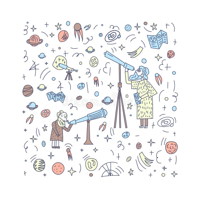 Vector Design of Astronomers and Space Objects. Stock Illustration ...