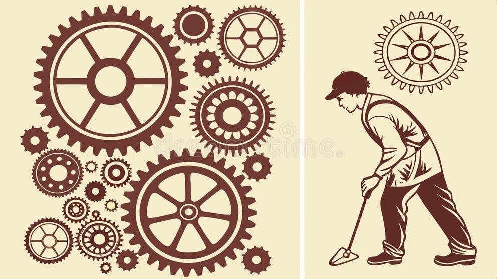 Mechanical Gears and Working Man, Industry and Labor Concept Vector ...