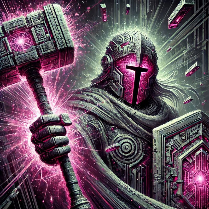 Vector Design of a Knight Holding a Hammer with His Hand Emitting ...