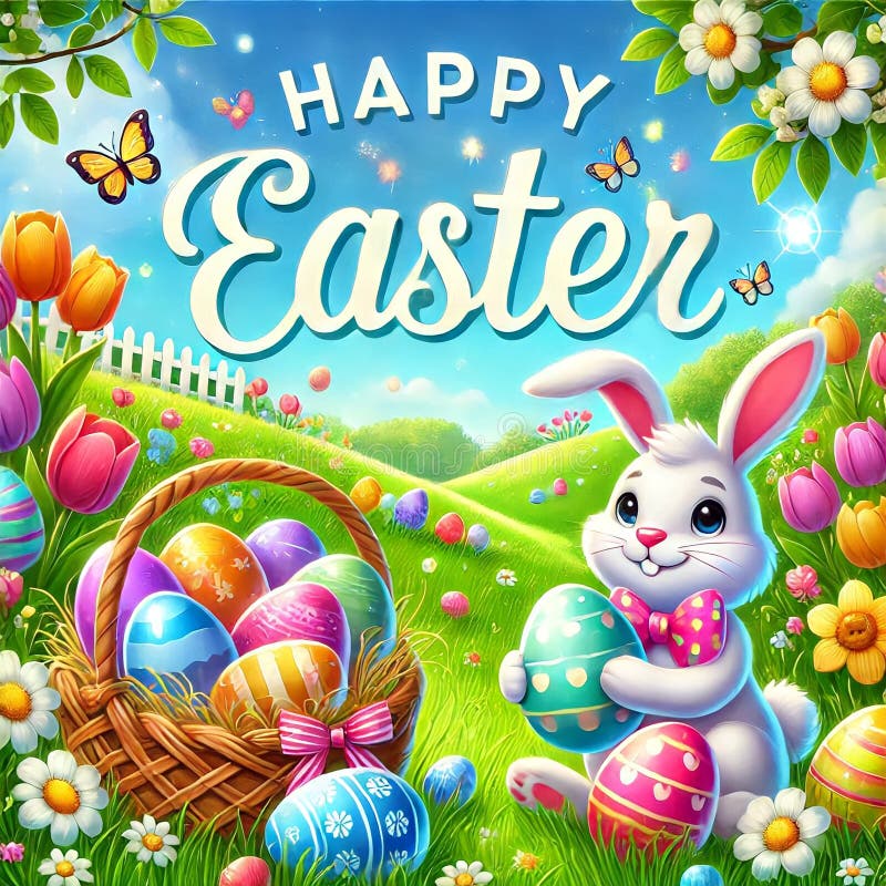 Vector Design of Rabbit Holding Colorful Eggs with Happy Easter Writing ...