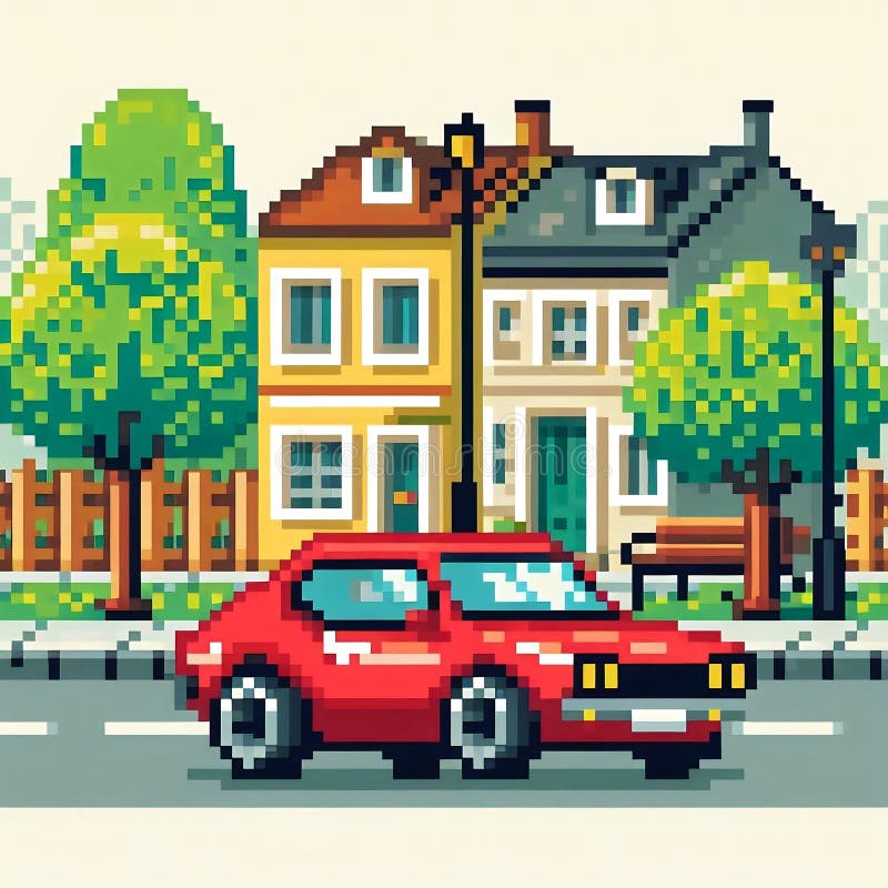 Vector Design of Red Car in Front of Housing, Pixel Art Stock ...
