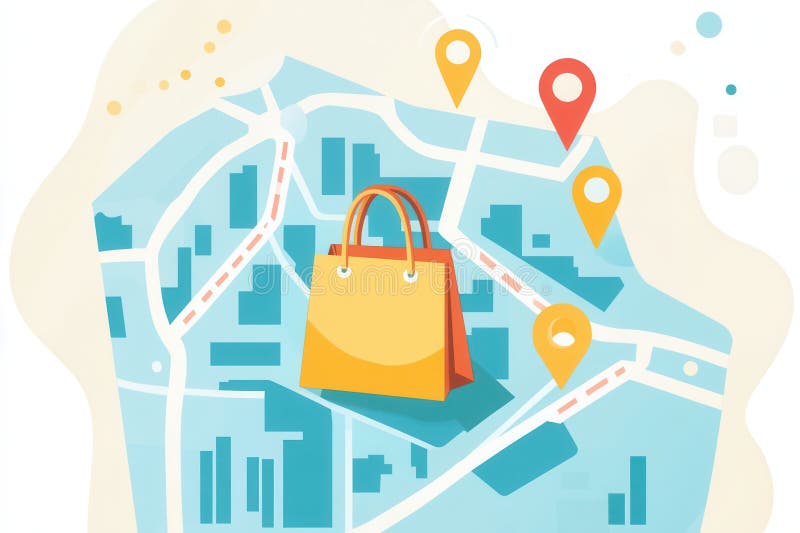 Delivery Route Map Illustration Featuring Grocery Bag Icon and Location ...