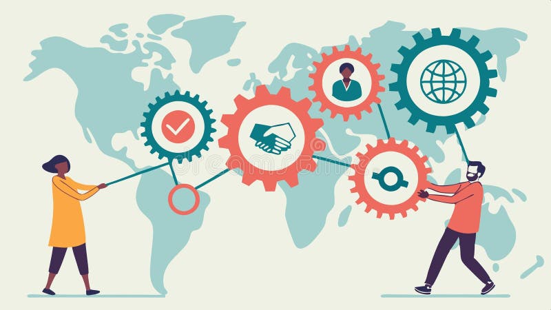 World Map with Gears, Global Connections and Technology Vector Design ...