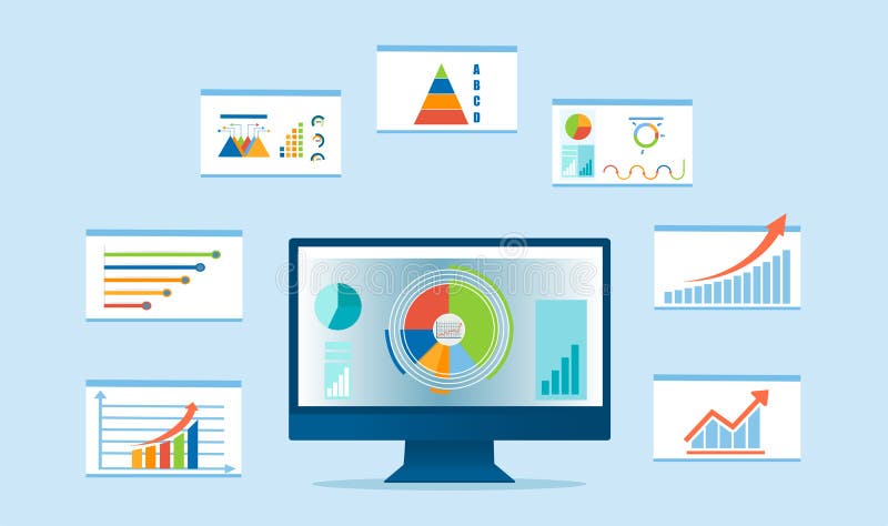 Vector of a Desktop Computer with Multiple Financial Graphs and Charts ...