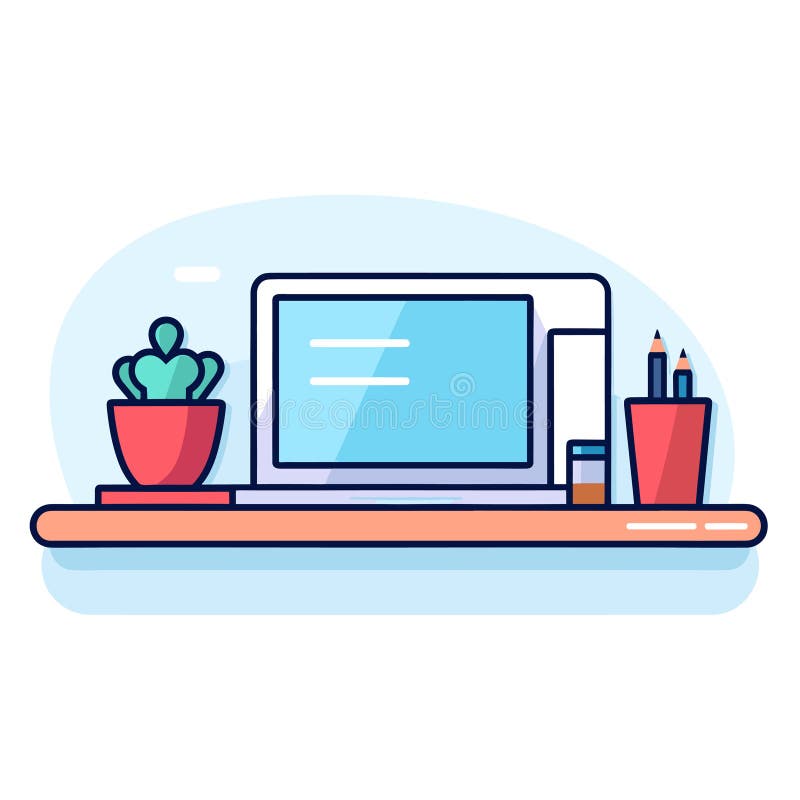 Vector of a Desktop Computer on a Wooden Shelf, Showcasing Modern ...