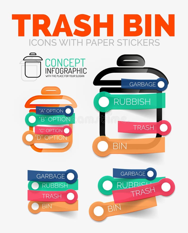 Vector Diagram Elements Set of Trash or Garbage Bin Icons with Plastic ...