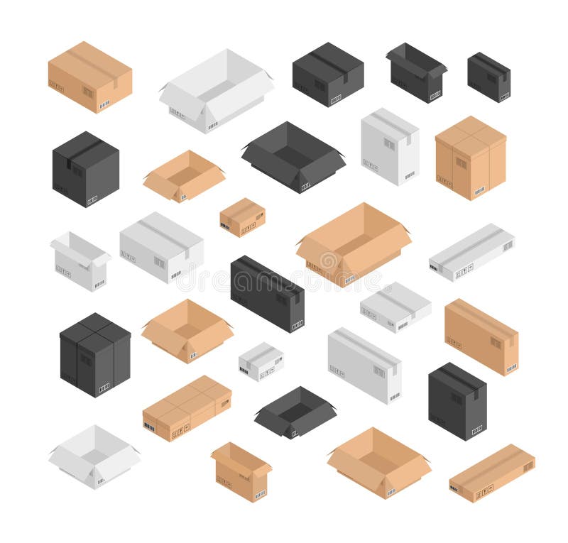 Vector Different Size Isometric Boxes Set. 3d Open and Closed Black ...