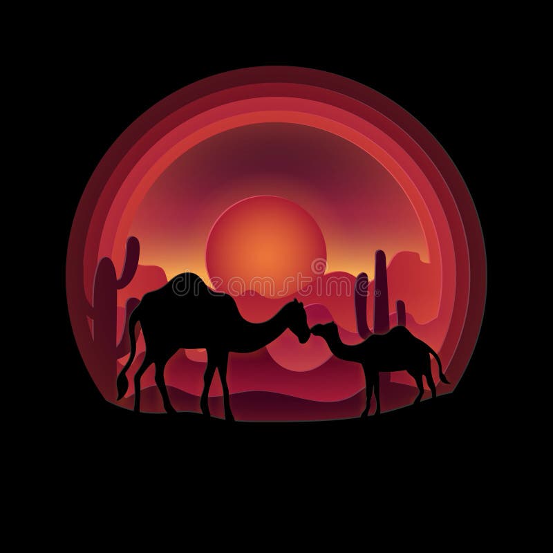 Vector Digital Craft Style Of Camels And Desert In The Evening Stock Vector Illustration Of