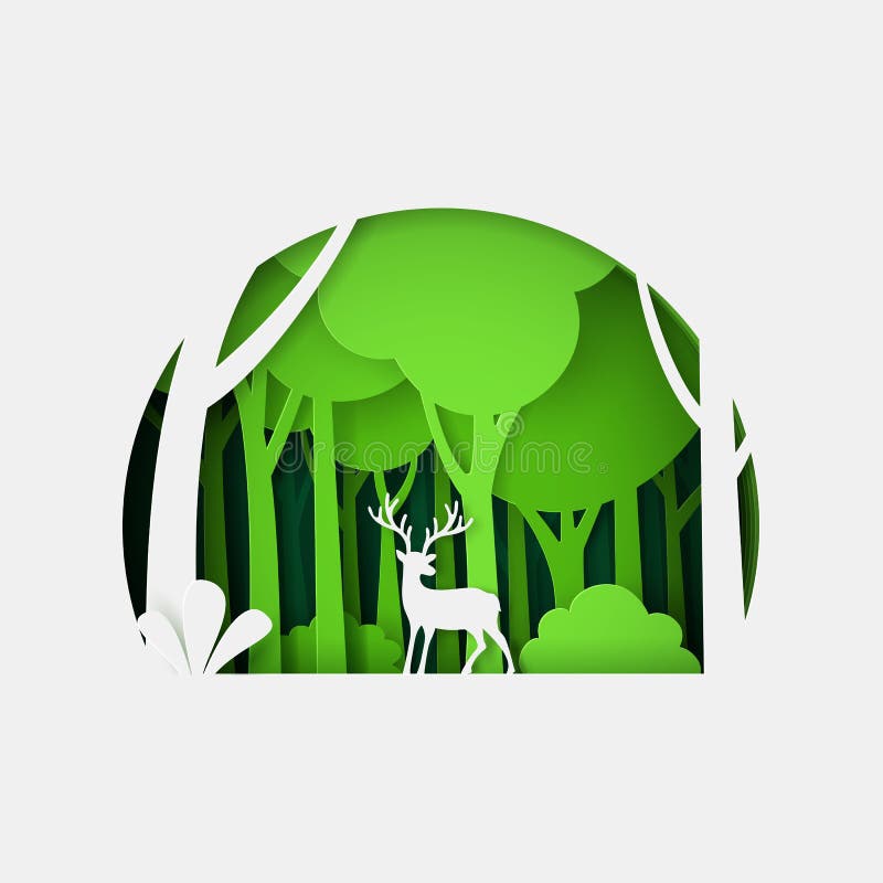 Vector and Digital Craft Style of Green Eco Forest with Deer Stock ...