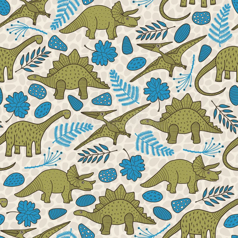 Vector Dino Seamless Pattern in Green and Blue Stock Vector ...
