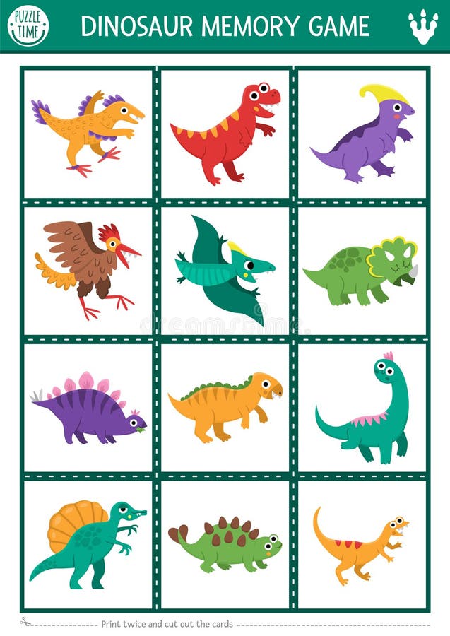 Vector Dinosaur Memory Game Cards with Cute T-rex, Velociraptor ...