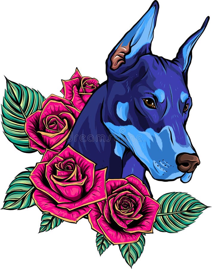 Vector Dobermann Dog Face with Red Roses Stock Vector - Illustration of ...