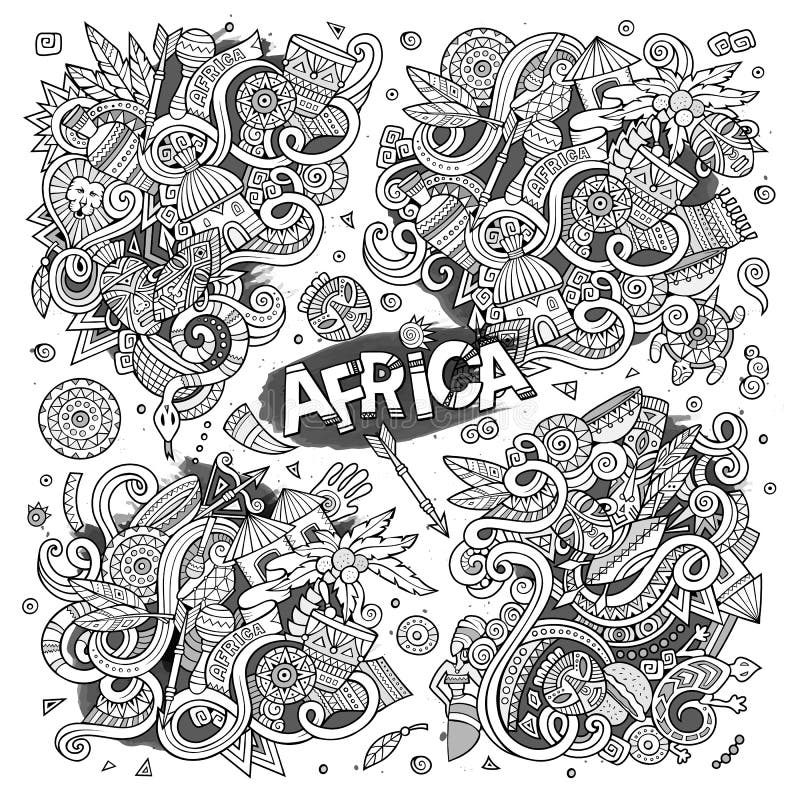 Vector Doodle Cartoon Set of Africa Designs Stock Vector - Illustration ...