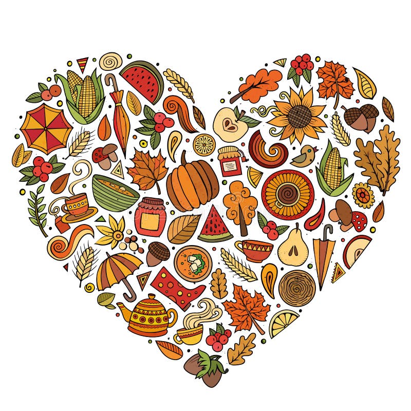 Vector Doodle Cartoon Set of Autumn Objects Stock Vector - Illustration ...