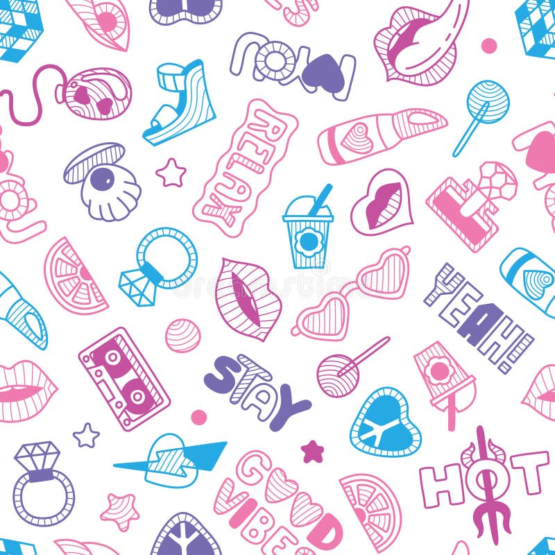 Girly Seamless Pattern. Pink Background with Lettering, Doodles ...