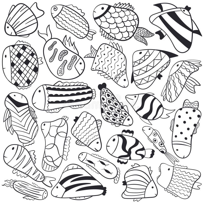 Vector Doodle Illustration. Black and White Cartoon Fish of Different ...