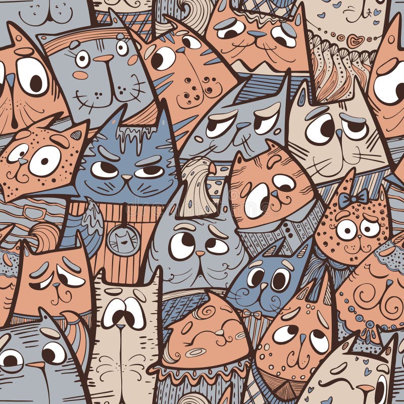 Vector Doodle Pattern with Playful Cats Stock Vector - Illustration of ...