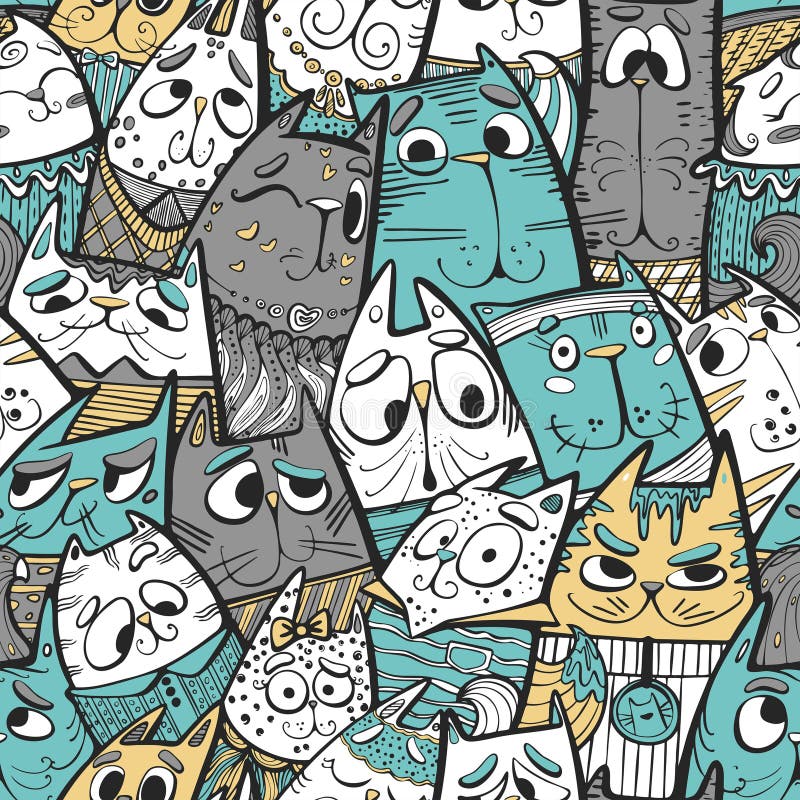 Vector Doodle Pattern with Playful Cats Stock Vector - Illustration of ...