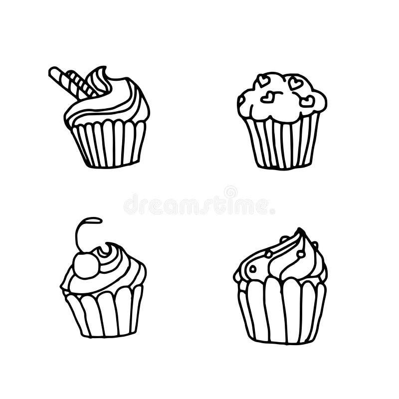 Vector Doodle Set of Cute Cupcakes. Stock Illustration - Illustration ...